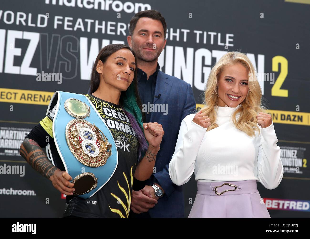 Maria Cecilia Roman (left) and Ebanie Bridges face off as Eddie Hearn ...