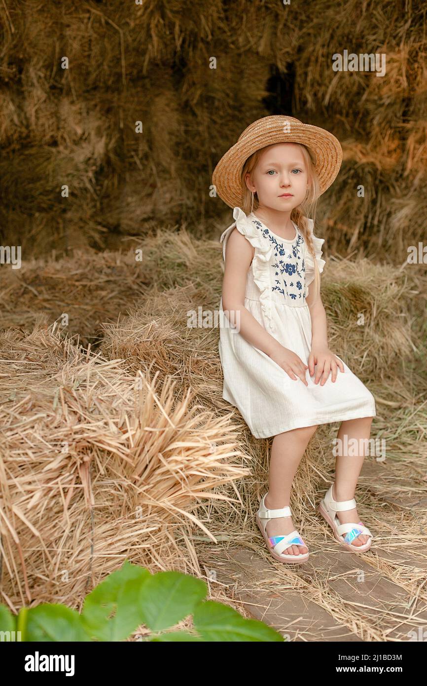 Dreamy blonde preteen girl resting on hayloft in summer Stock Photo - Alamy