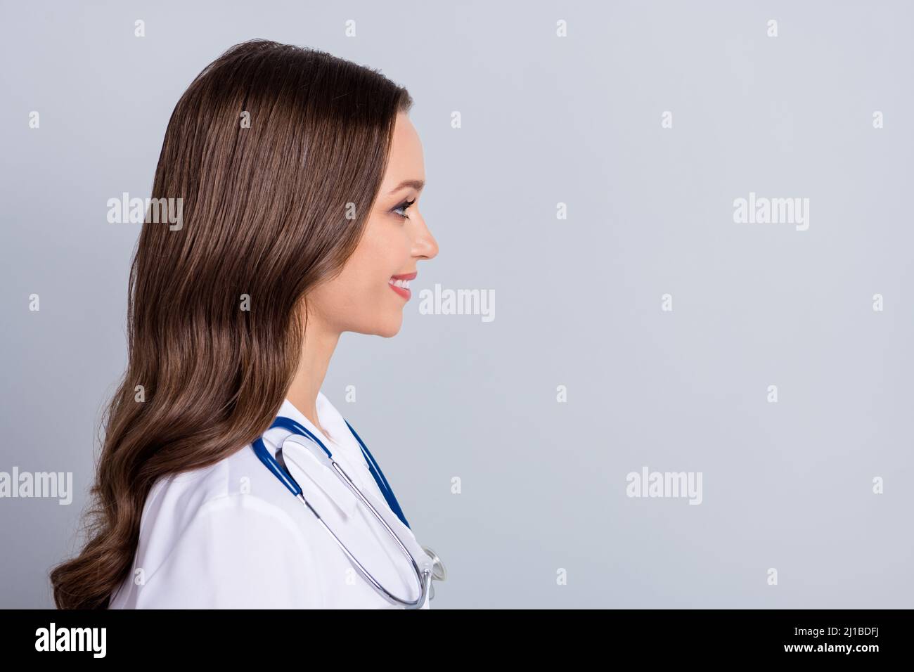 Profile side photo of medical specialist lady look empty space ...