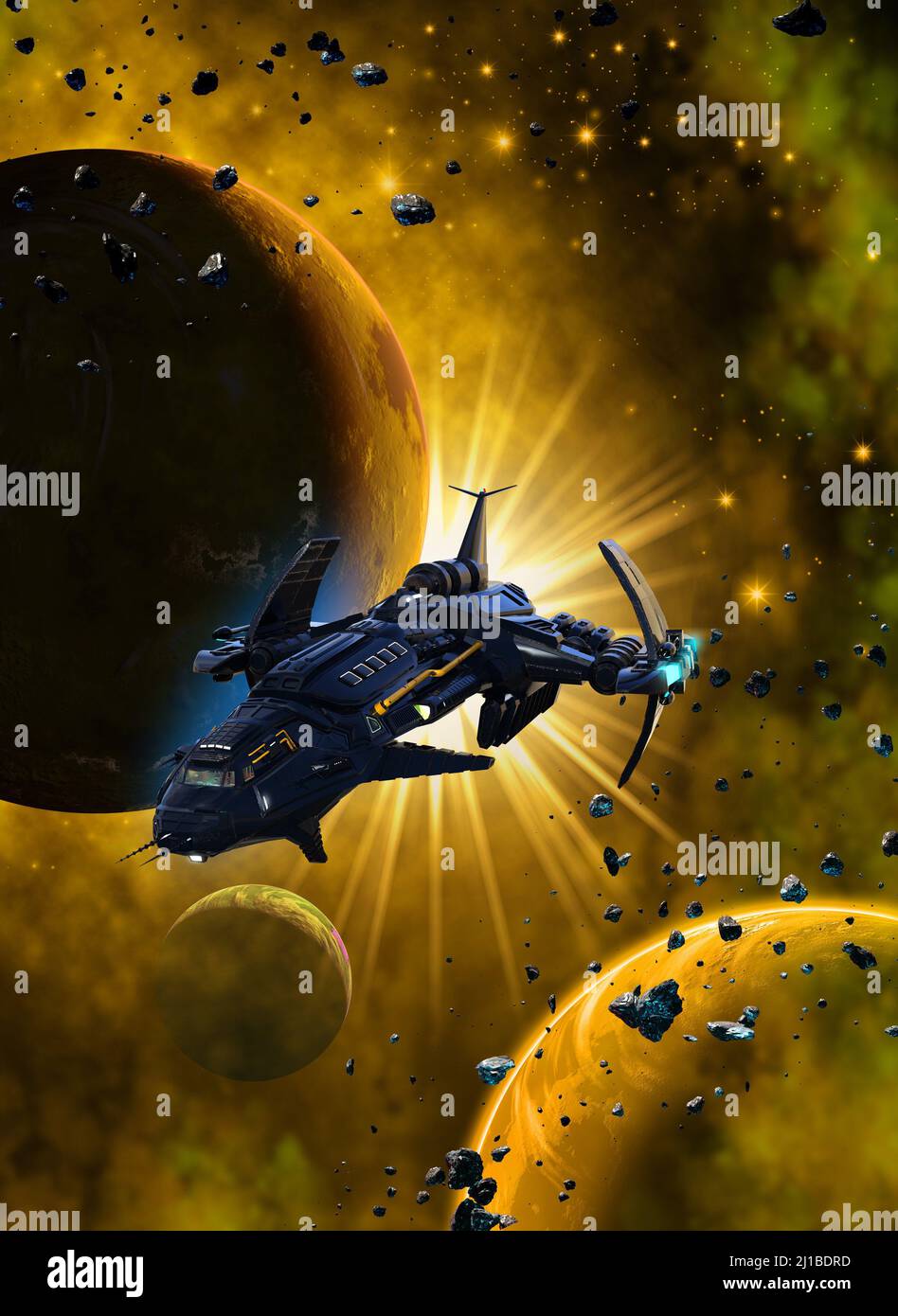 spaceship exploring an alien planetary system in space, 3d illustration Stock Photo - Alamy