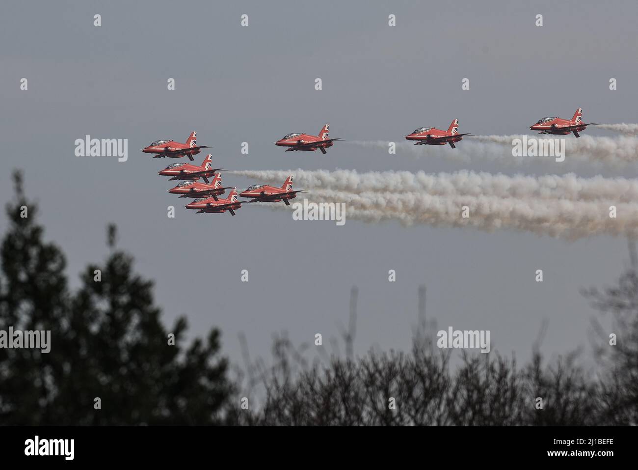 Leeming Bar, UK. 24th Mar, 2022. The Red Arrows file over RAF Leeming ...
