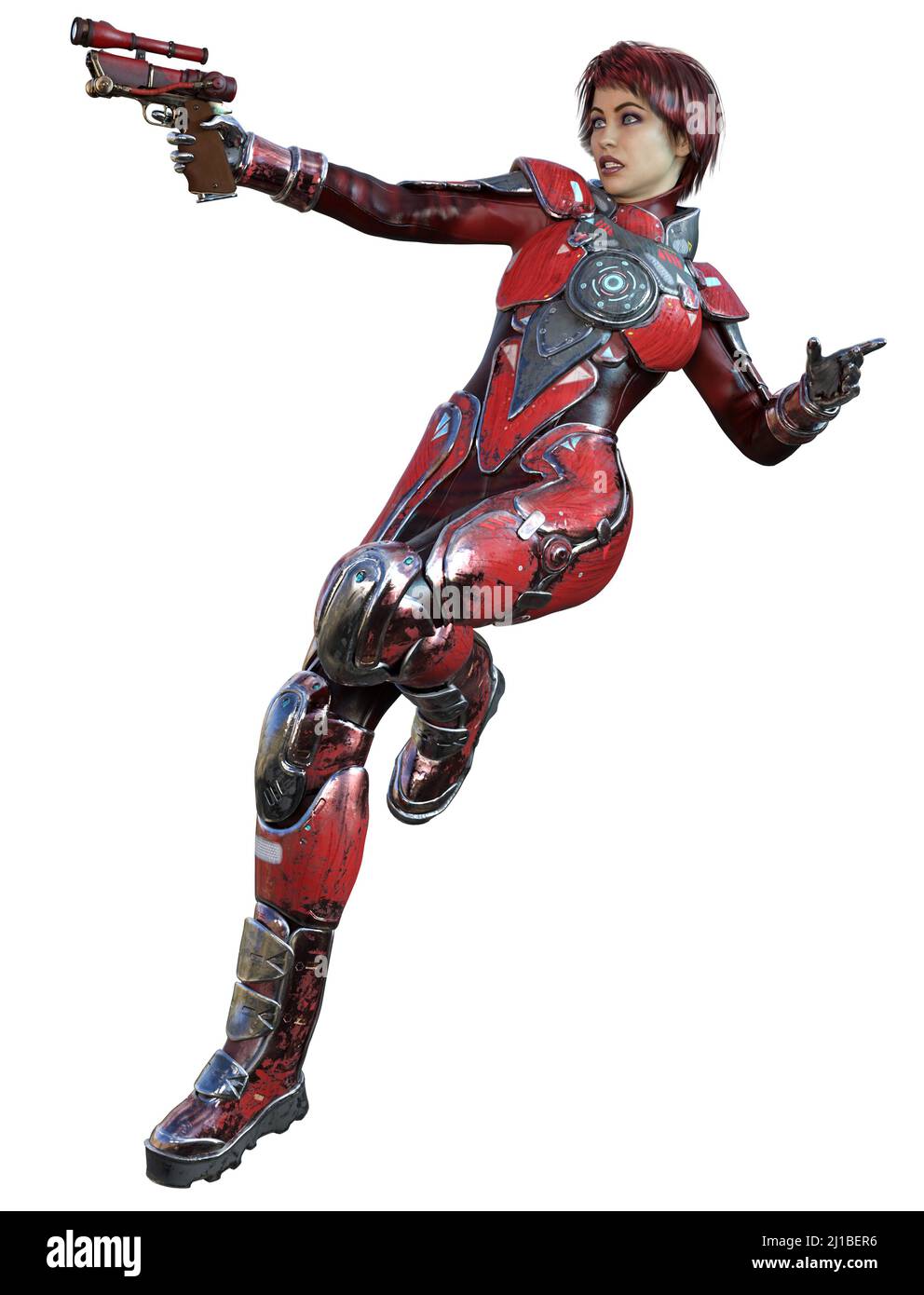 futuristic warrior in red armor, armed with gun, 3d illustration Stock ...