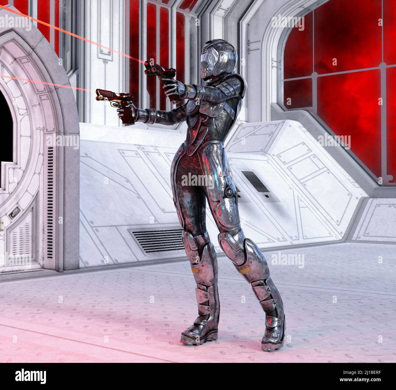 futuristic woman fighting with guns inside the space base, 3d ...