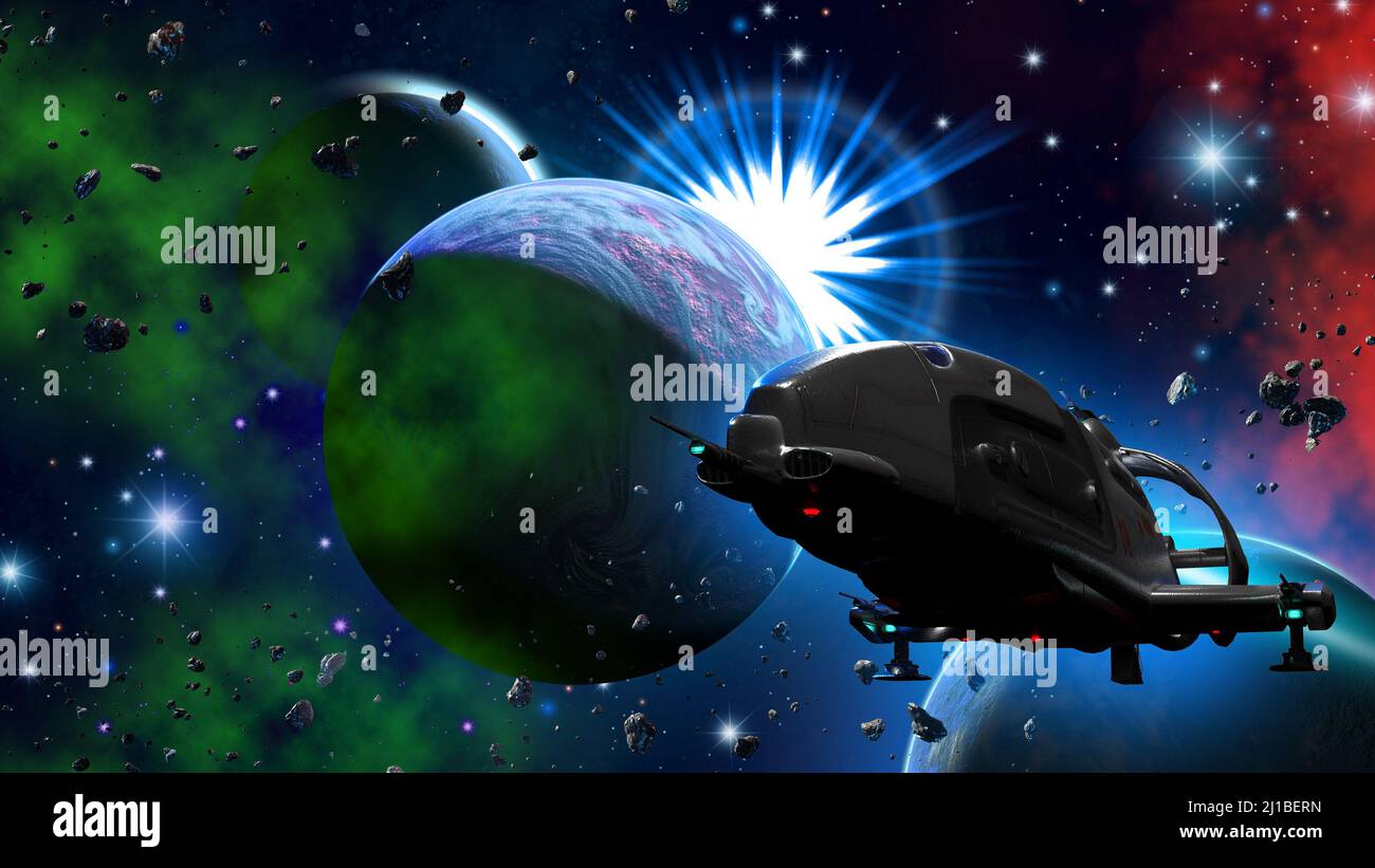 spaceship and alien planetary system, 3d rendering Stock Photo - Alamy