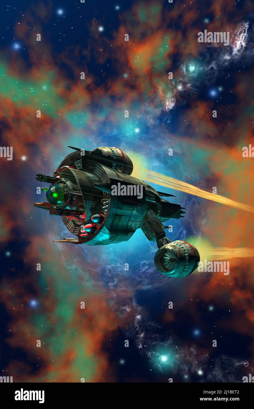 spaceship traveling in space, nebula and stars in the background, 3d ...
