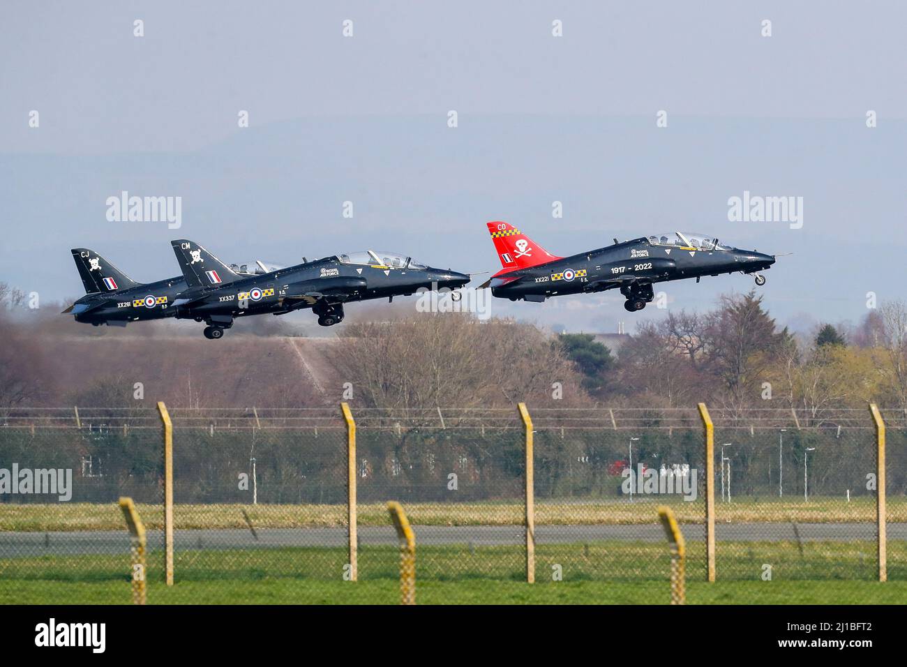 Leeming Bar, UK. 24th Mar, 2022. RAF Hawk T1s takeoff from RAF Leeming ...