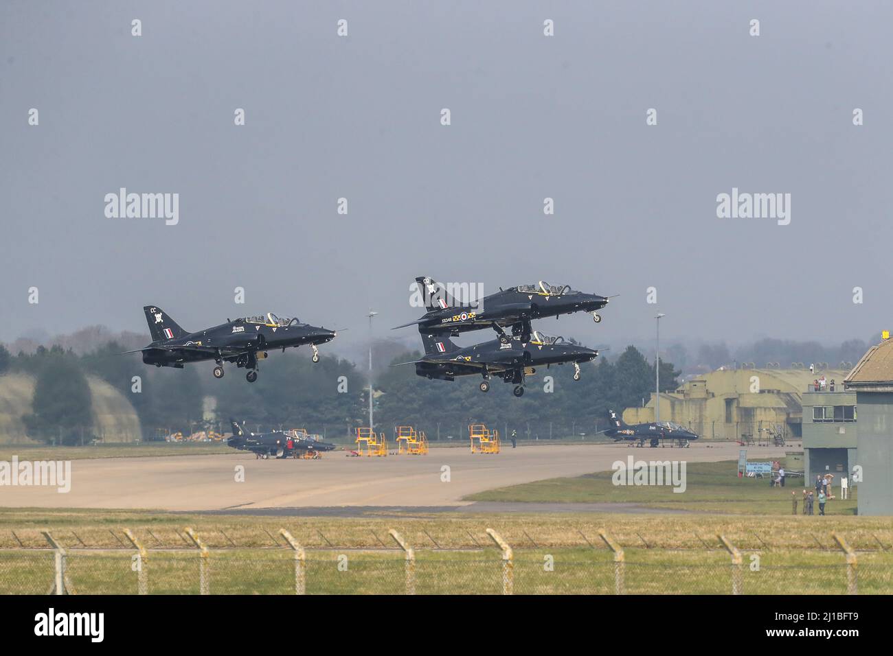 Leeming Bar, UK. 24th Mar, 2022. RAF Hawk T1s takeoff from RAF Leeming ...