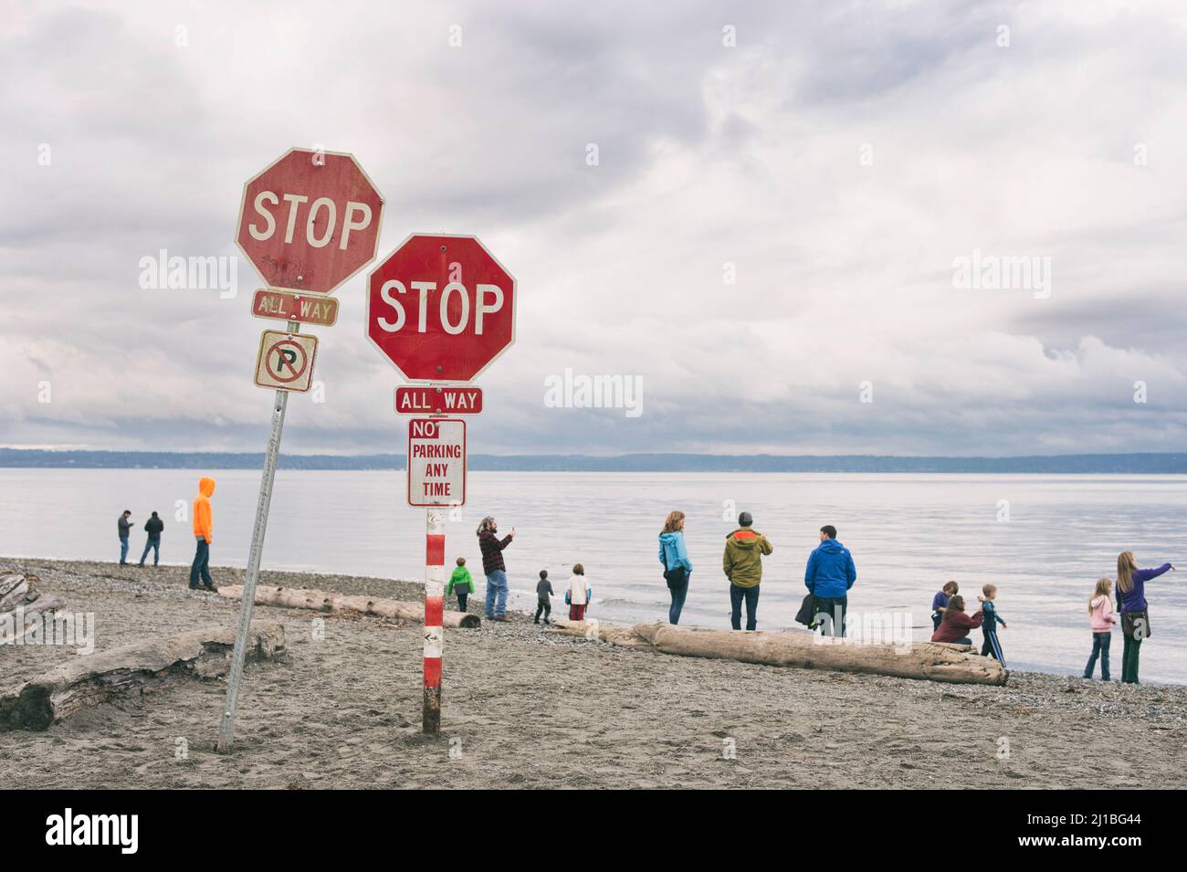 Stop signs staked at the beach with people looking ahead. Symbolism ...