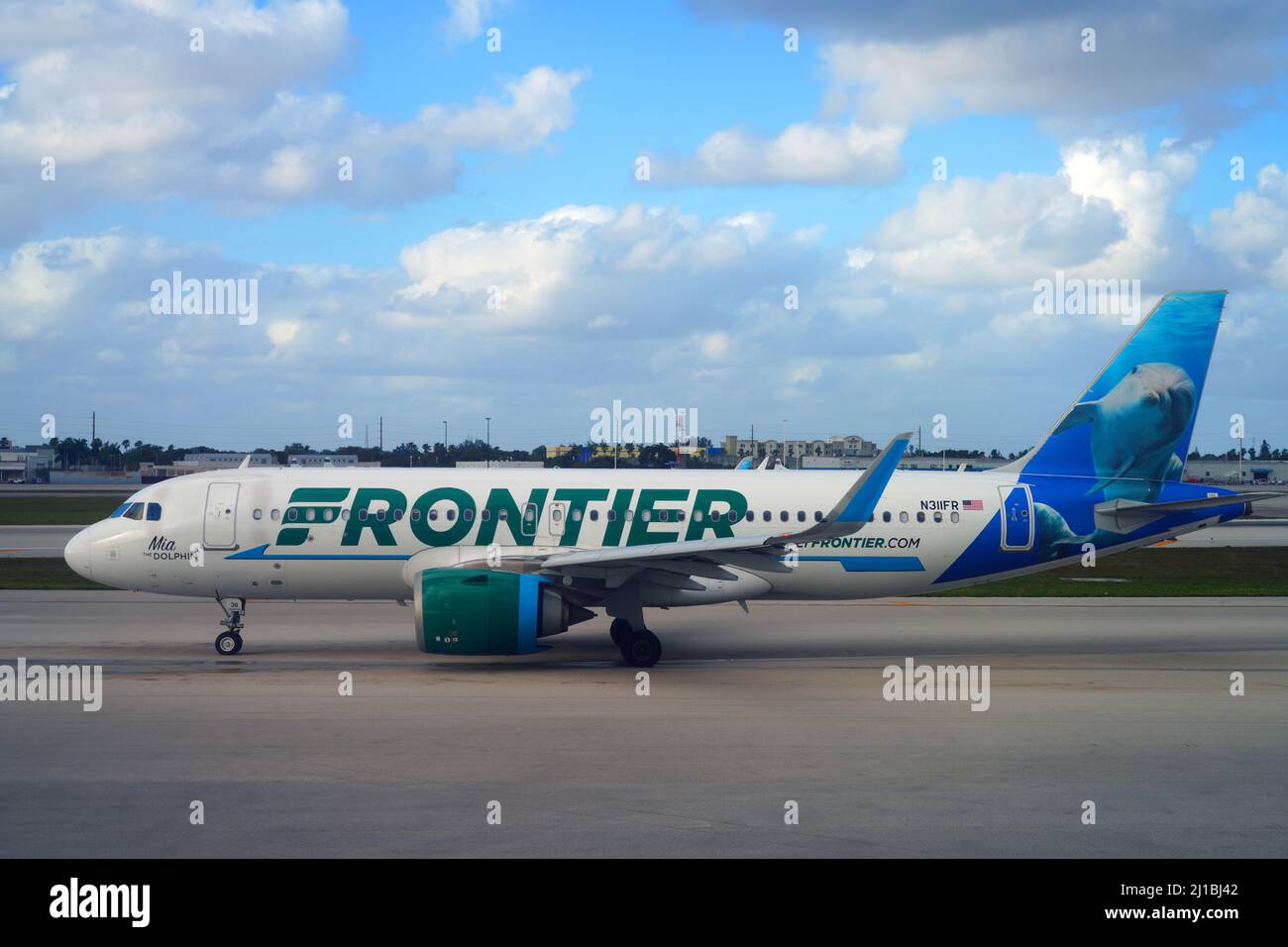 MIAMI, FL -13 MAR 2022- View of an airplane from Frontier Airlines (F9 ...