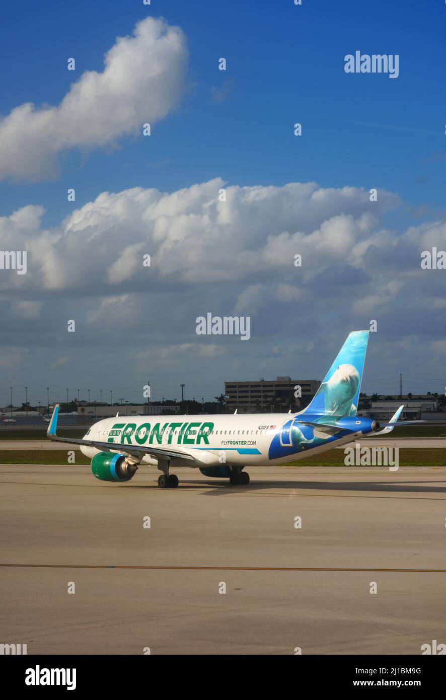 MIAMI, FL -13 MAR 2022- View of an airplane from Frontier Airlines (F9 ...
