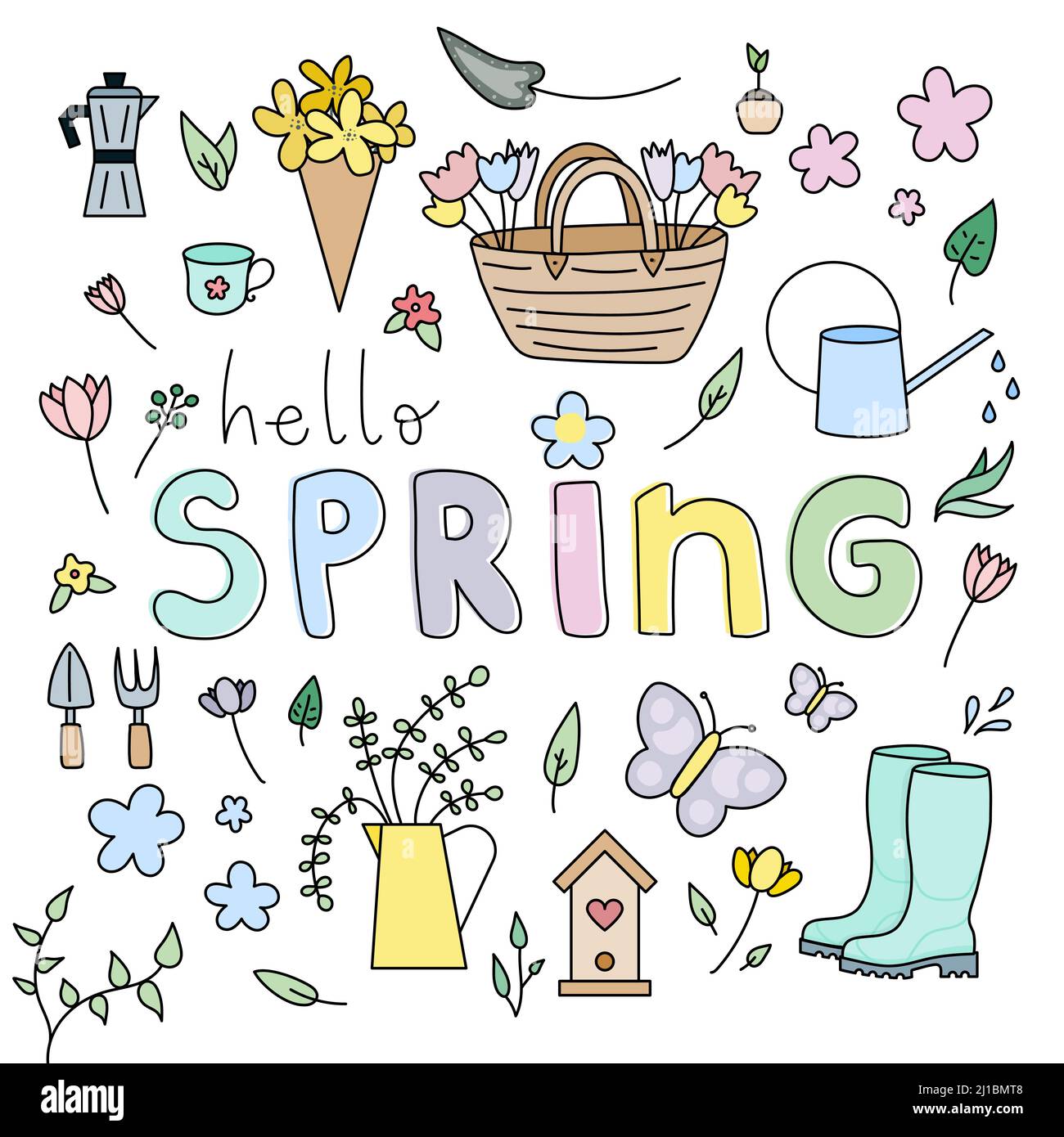Hello spring. Spring time collection with flowers, plants and gardening ...