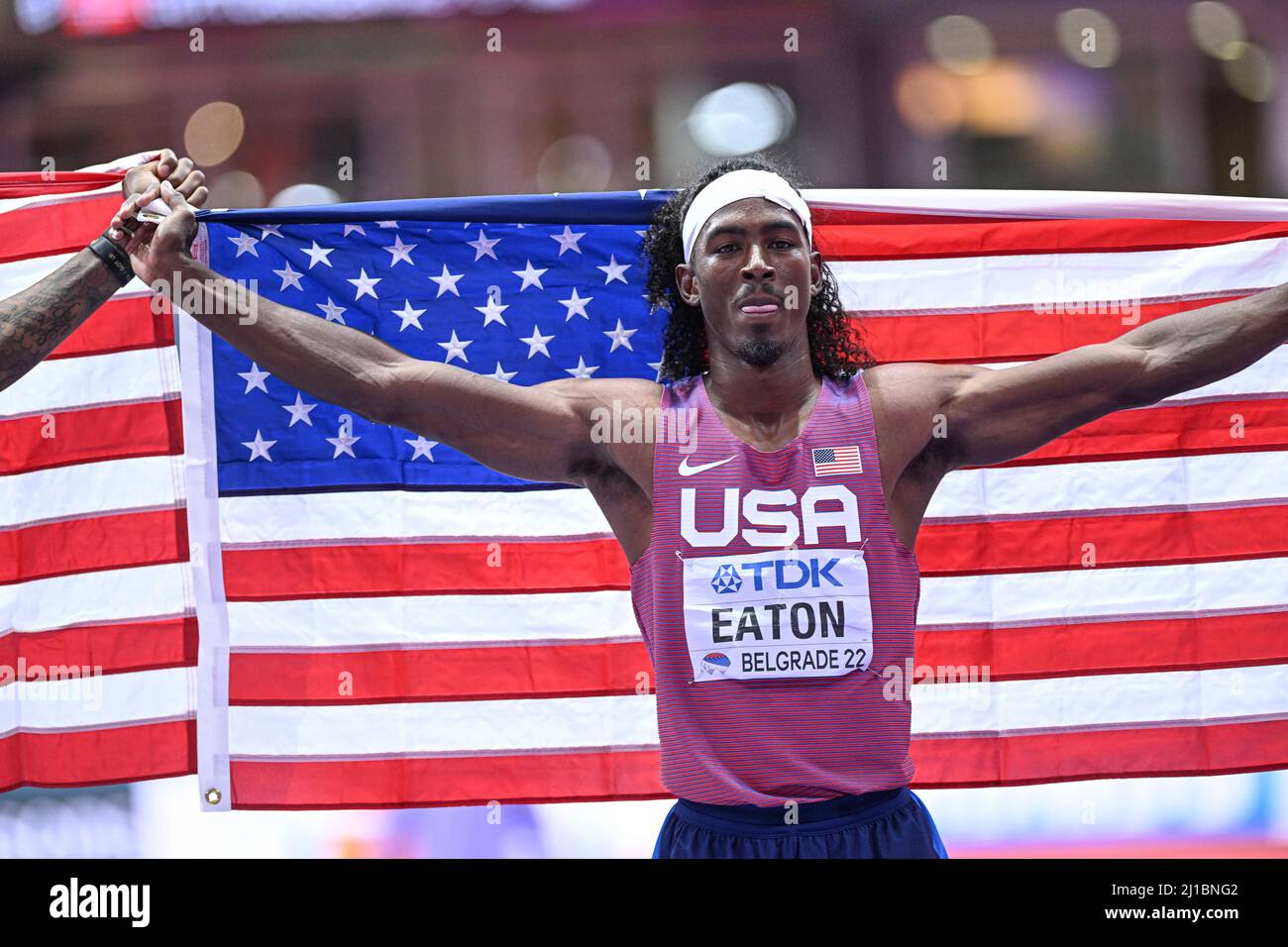 Jarret Eaton with the EEUU flag at the Belgrade 2022 Indoor World ...