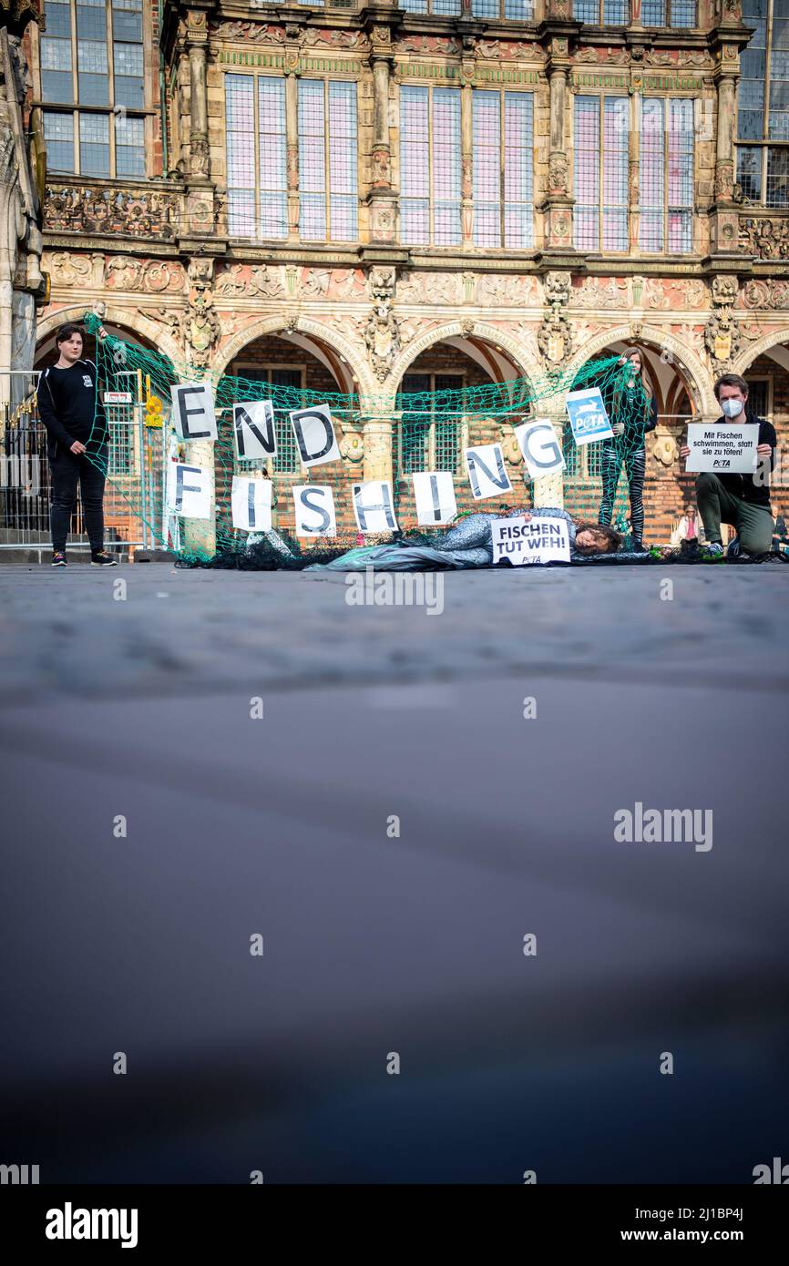 Bremen, Germany. 24th Mar, 2022. PETA activists dressed up as fish and ...