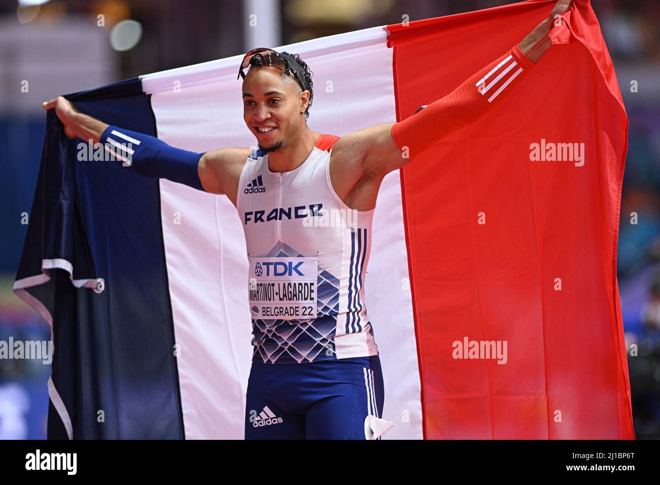 Pascal Martinot-Lagarde with the France flag at the Belgrade 2022 ...