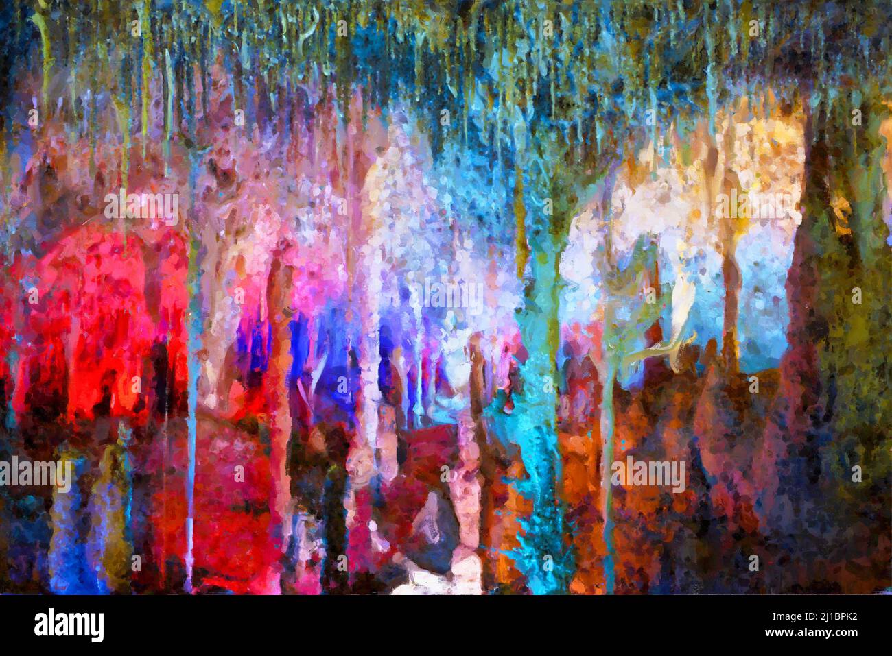 Colorfully lit stalactite cave in Mallorca. Painted Stock Photo - Alamy