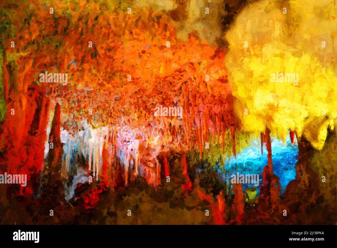 Colorfully lit stalactite cave in Mallorca. Painted Stock Photo - Alamy