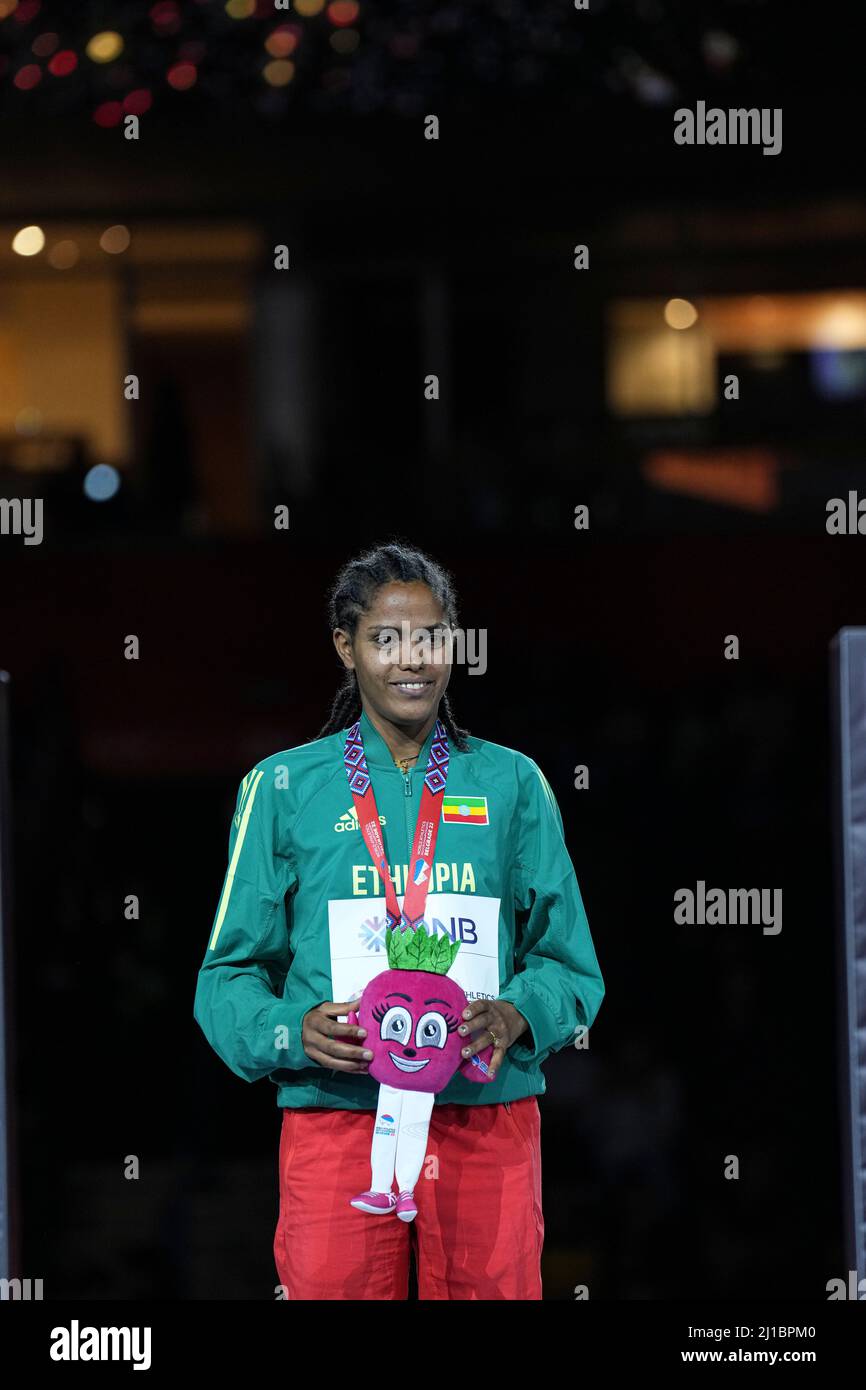 Freweyni Hailu at the award ceremony with the medal at the World Indoor ...