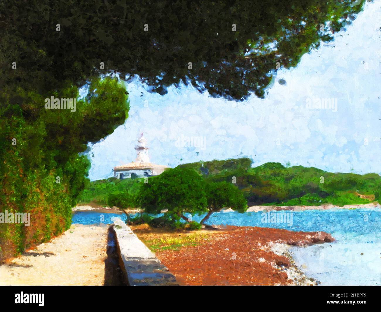 White lighthouse Far d'Alcanada on the small island of Alcanada near ...