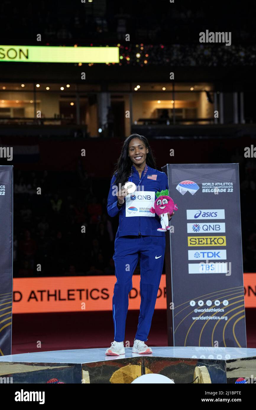 Ajee Wilson at the award ceremony with the medal at the World Indoor ...
