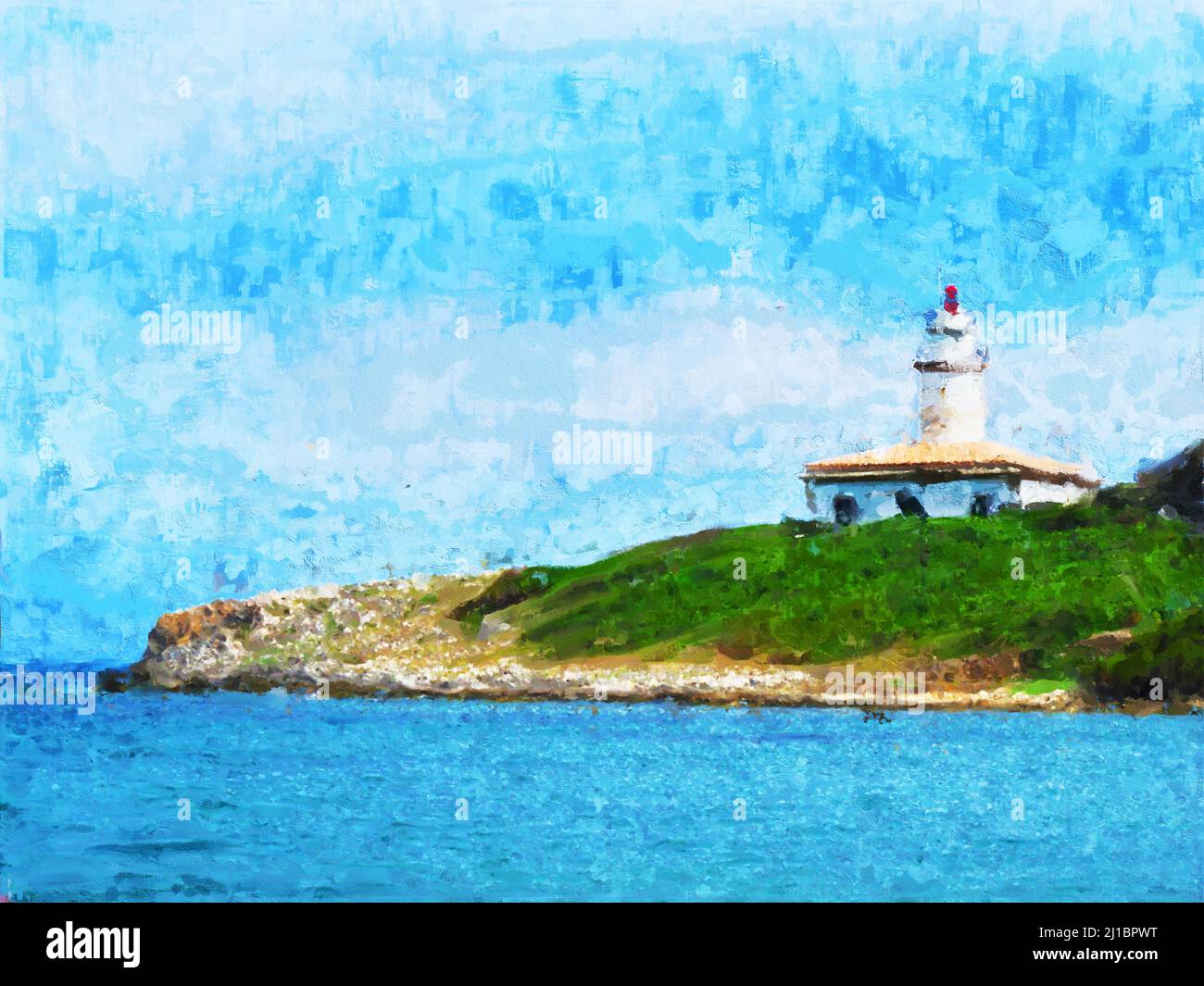 White lighthouse Far d'Alcanada on the small island of Alcanada near ...