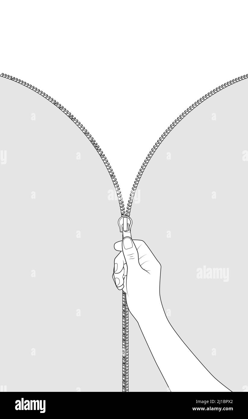Open close zip. Realistic zipper fastener reveal vector. Hand opening ...