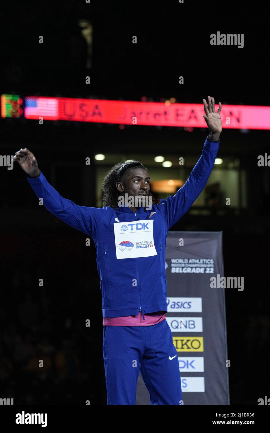 Jarret Eaton at the award ceremony with the medal at the World Indoor ...