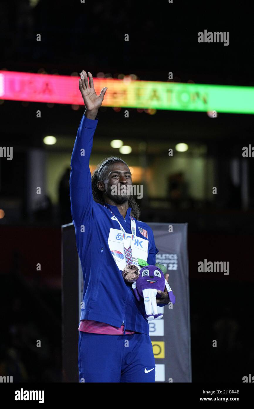 Jarret Eaton at the award ceremony with the medal at the World Indoor ...