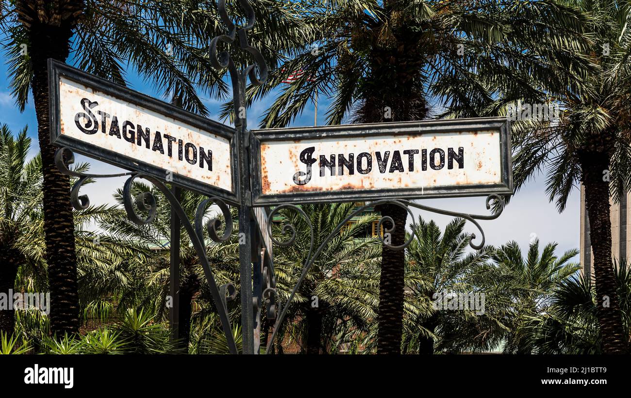 Street Sign the Direction Way to Innovation versus Stagnation Stock ...