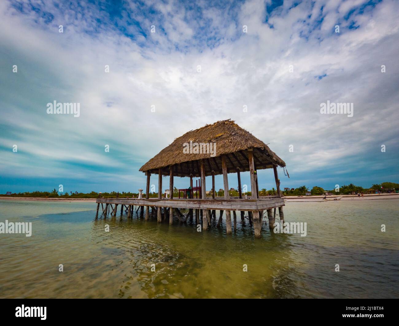 Holbox Island pier palapa sunset beach in Mexico Quintana roo Stock ...