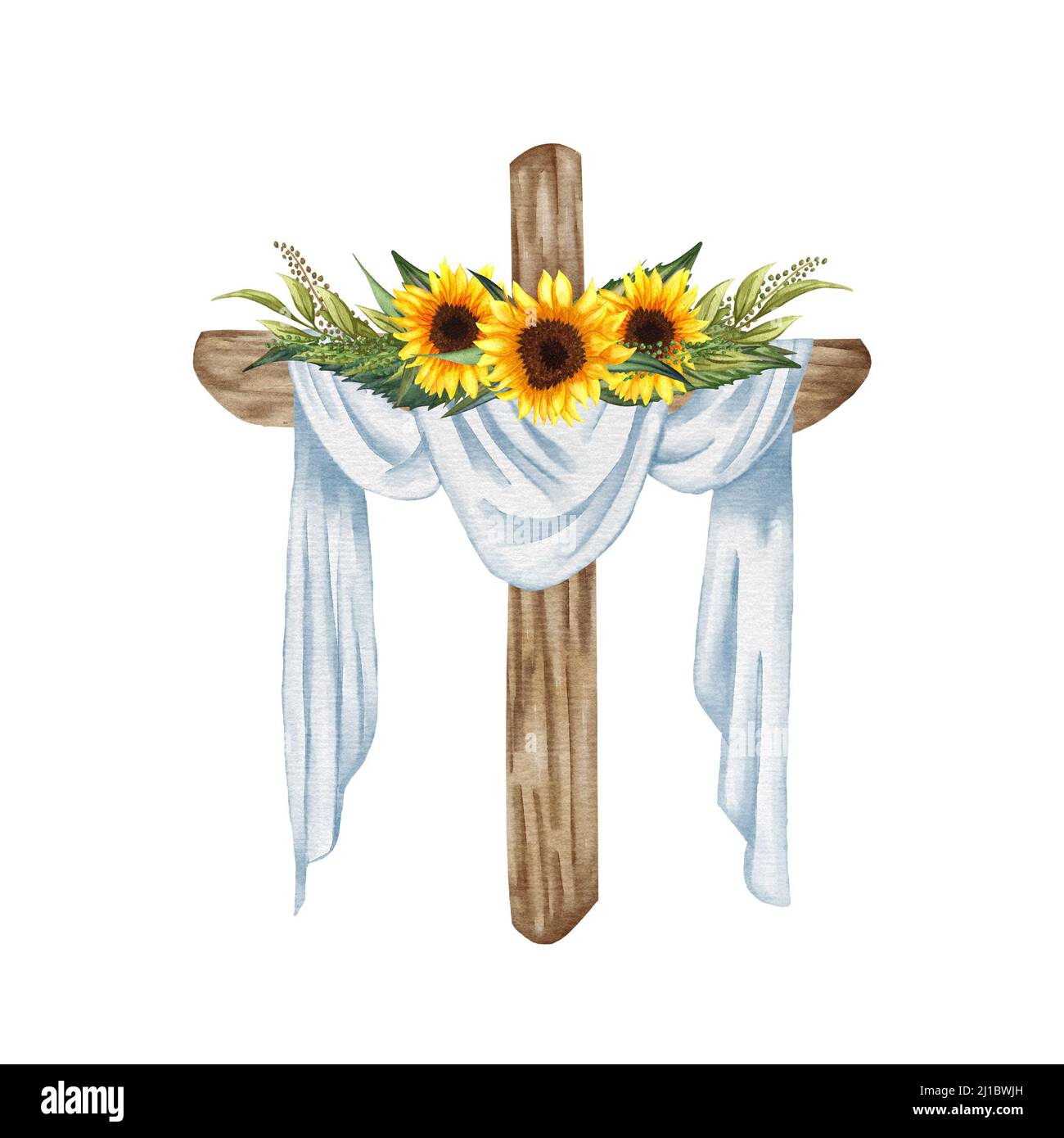 Sunflower floral cross. Easter illustration. Watercolor Wedding Cross ...