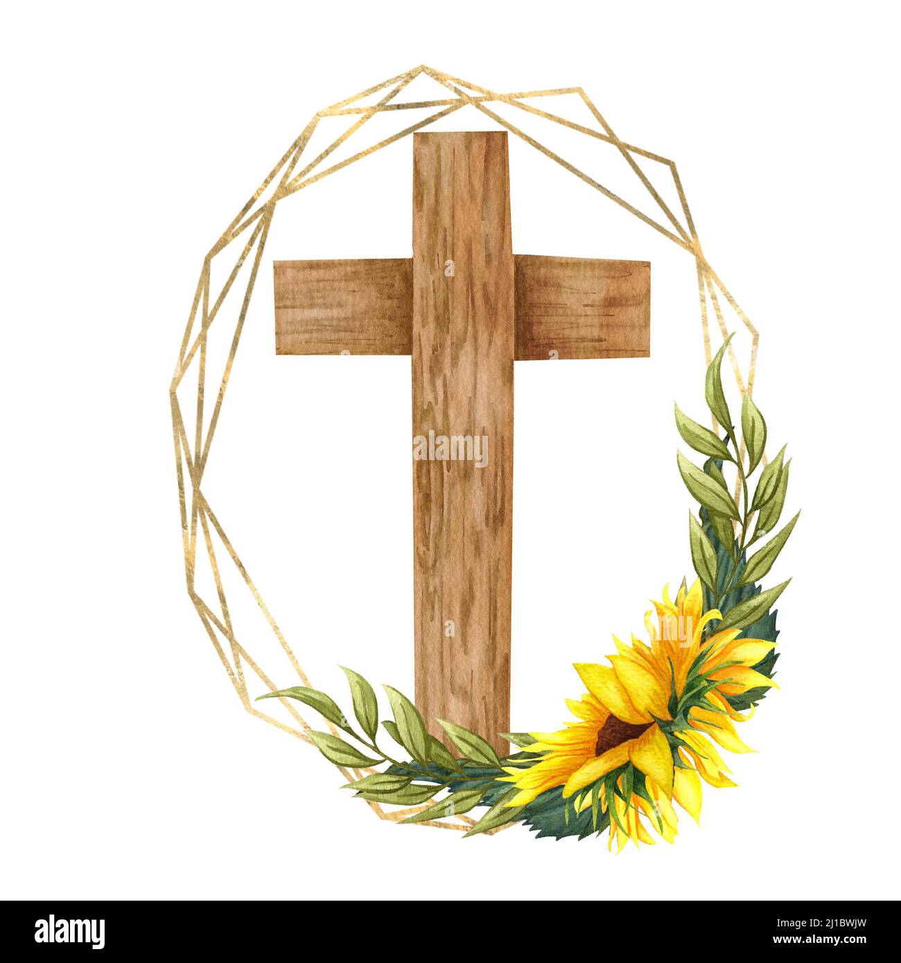 Sunflower floral cross. Easter illustration. Watercolor Wedding Cross ...