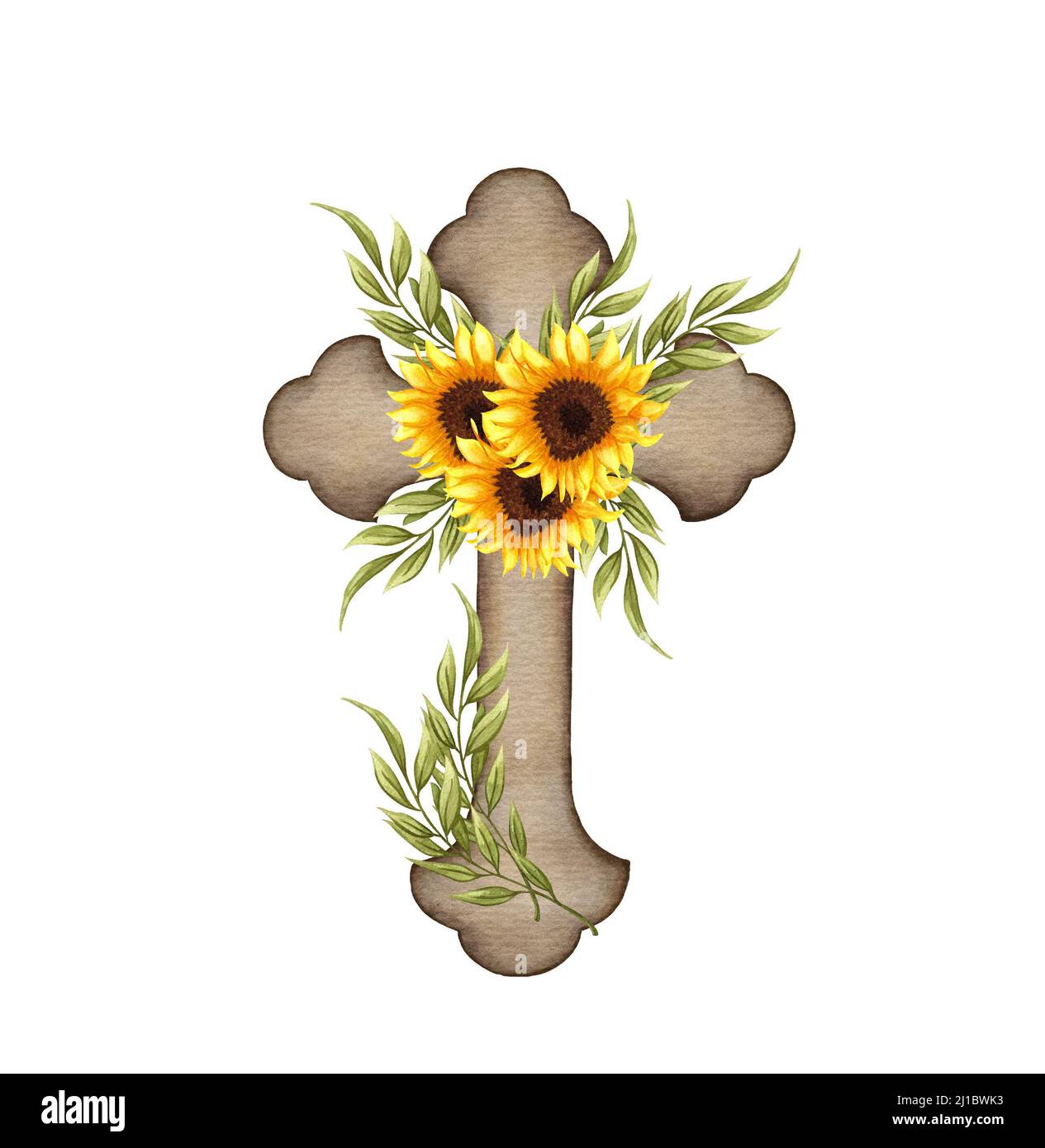 Sunflower floral cross. Easter illustration. Watercolor Wedding Cross ...
