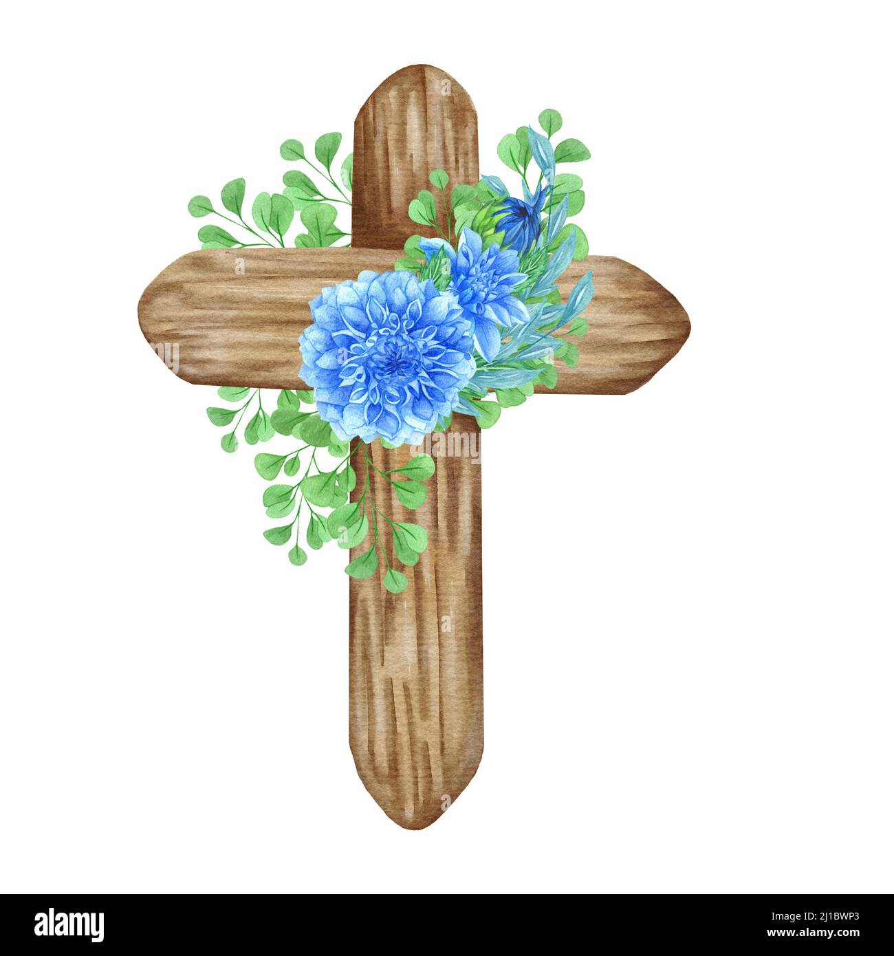 Blue Dahlia floral cross. Easter illustration. Watercolor Wedding Cross ...