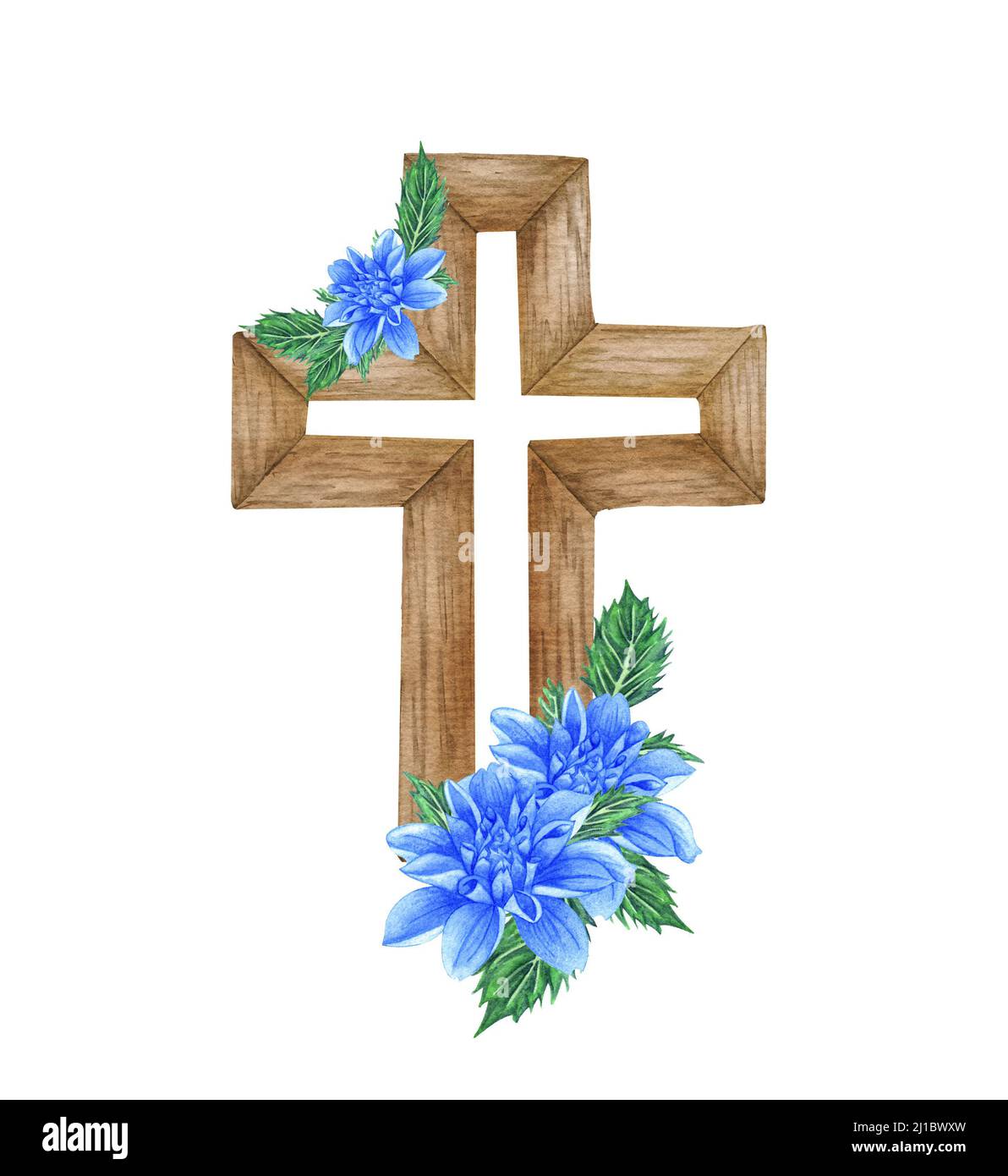 Blue Dahlia floral cross. Easter illustration. Watercolor Wedding Cross ...