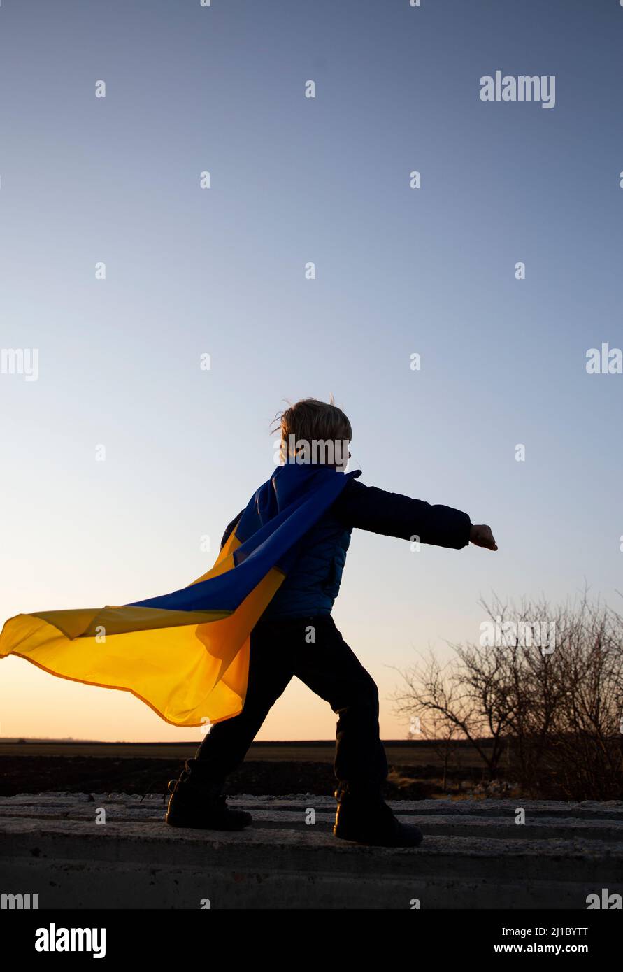 portrait of superhero boy with waving Ukrainian flag behind back in ...