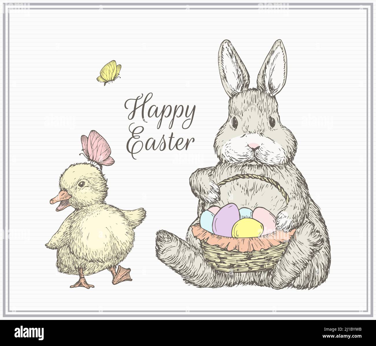 Hand Drawn Cute Easter Greetings Card Bunny Duckling and Butterfly ...