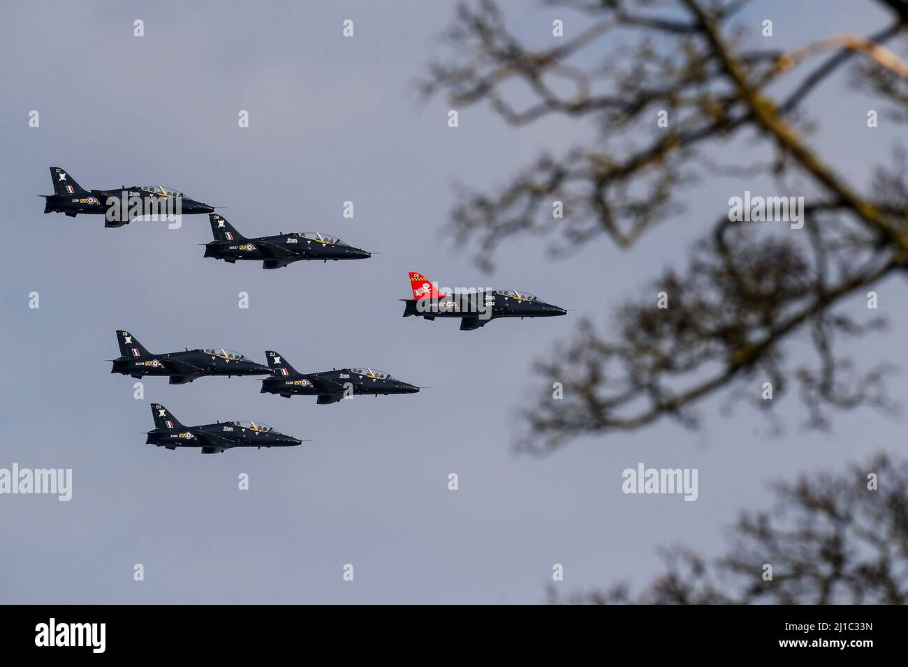 Leeming Bar, UK. 24th Mar, 2022. RAF Hawk T1s perform a flypast over ...