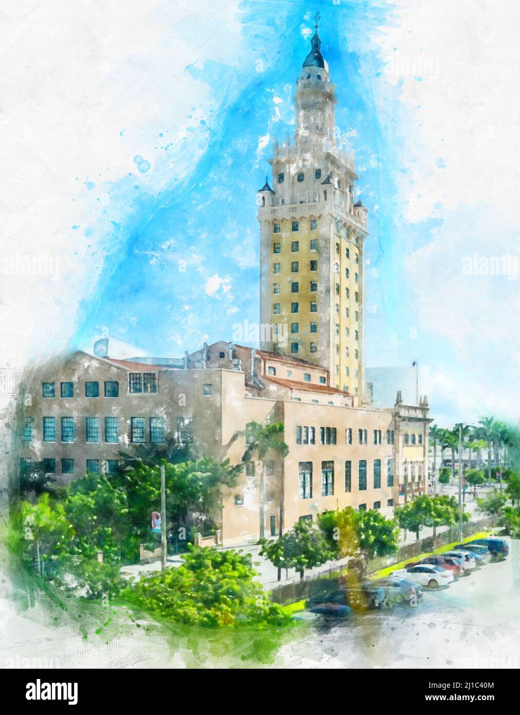 Watercolor painting illustration of View of downtown Miami Stock Photo ...