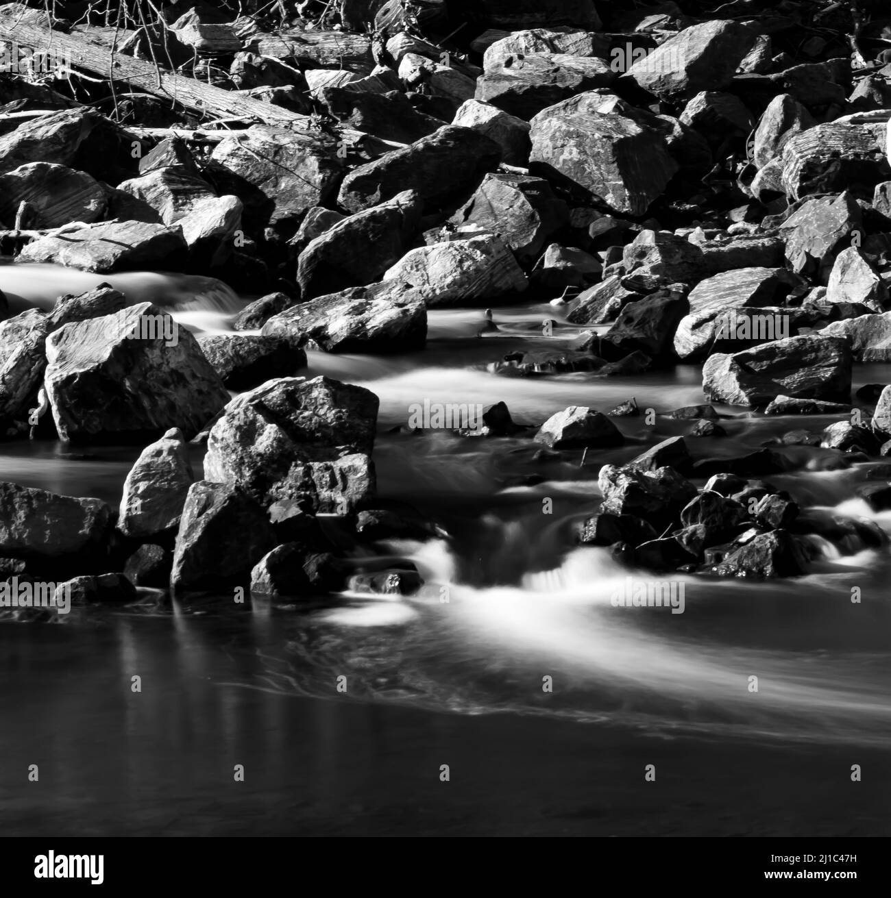 A grayscale view of a flowing river through rocks in the forest Stock ...