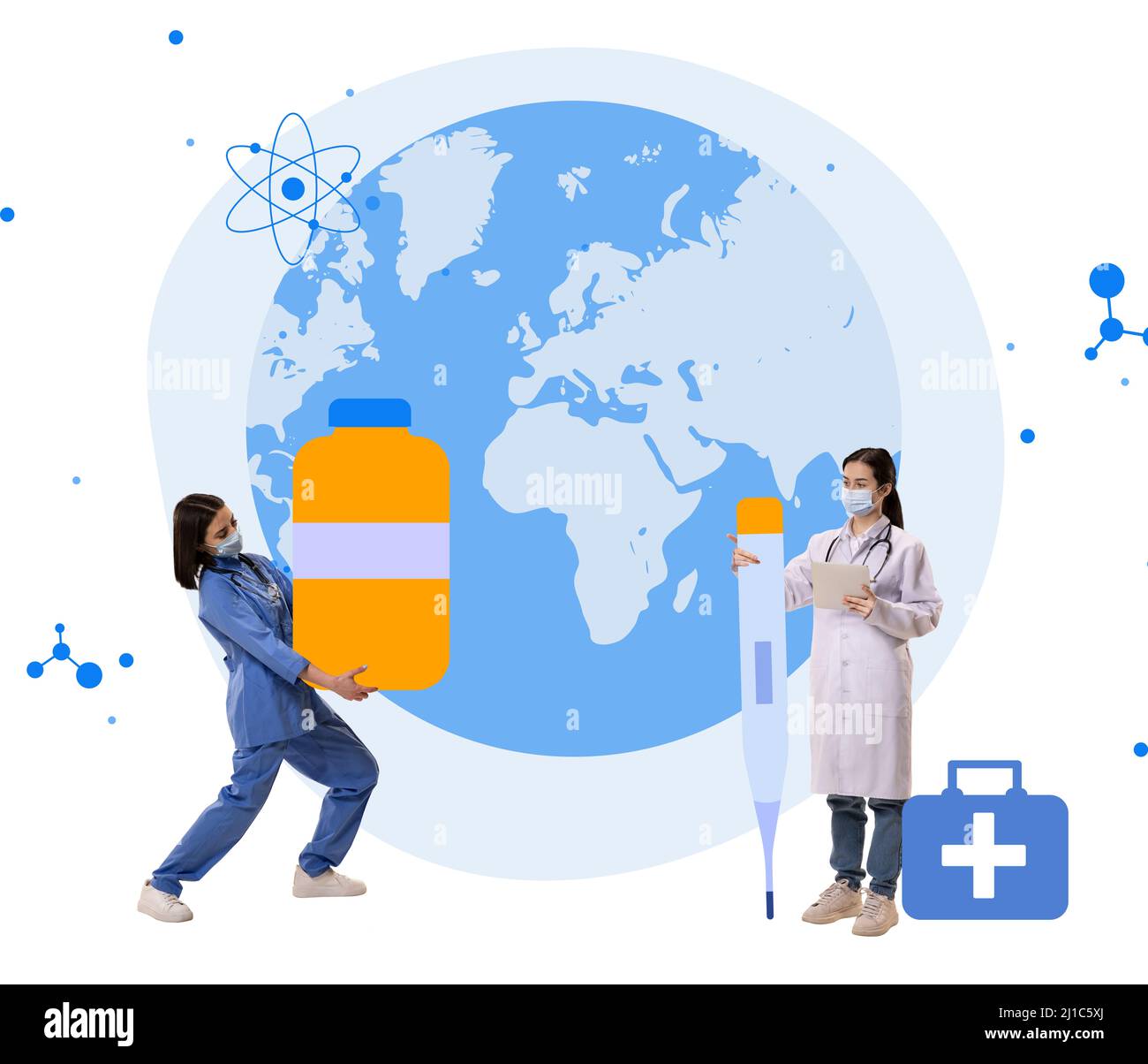 Creative design. Two girls, doctors working, fighting against illness ...