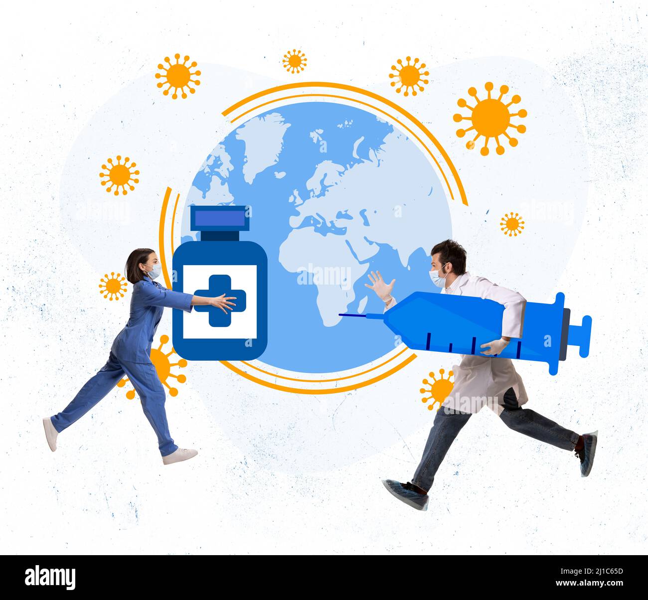 Contemporary art collage. Man and woman, doctors saving world from ...