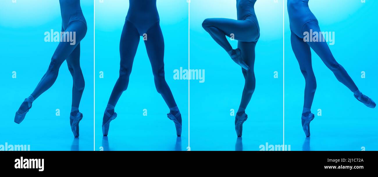 Collage. Strong, slim, beautiful female legs in pointe making ballet ...