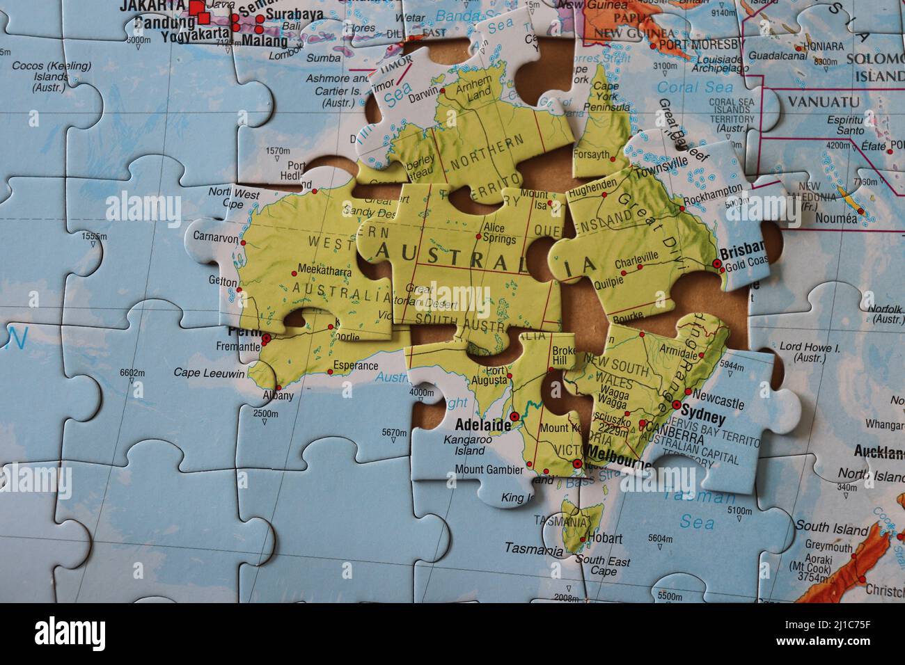 A close-up shot of the Australian part of a not finished map puzzle ...