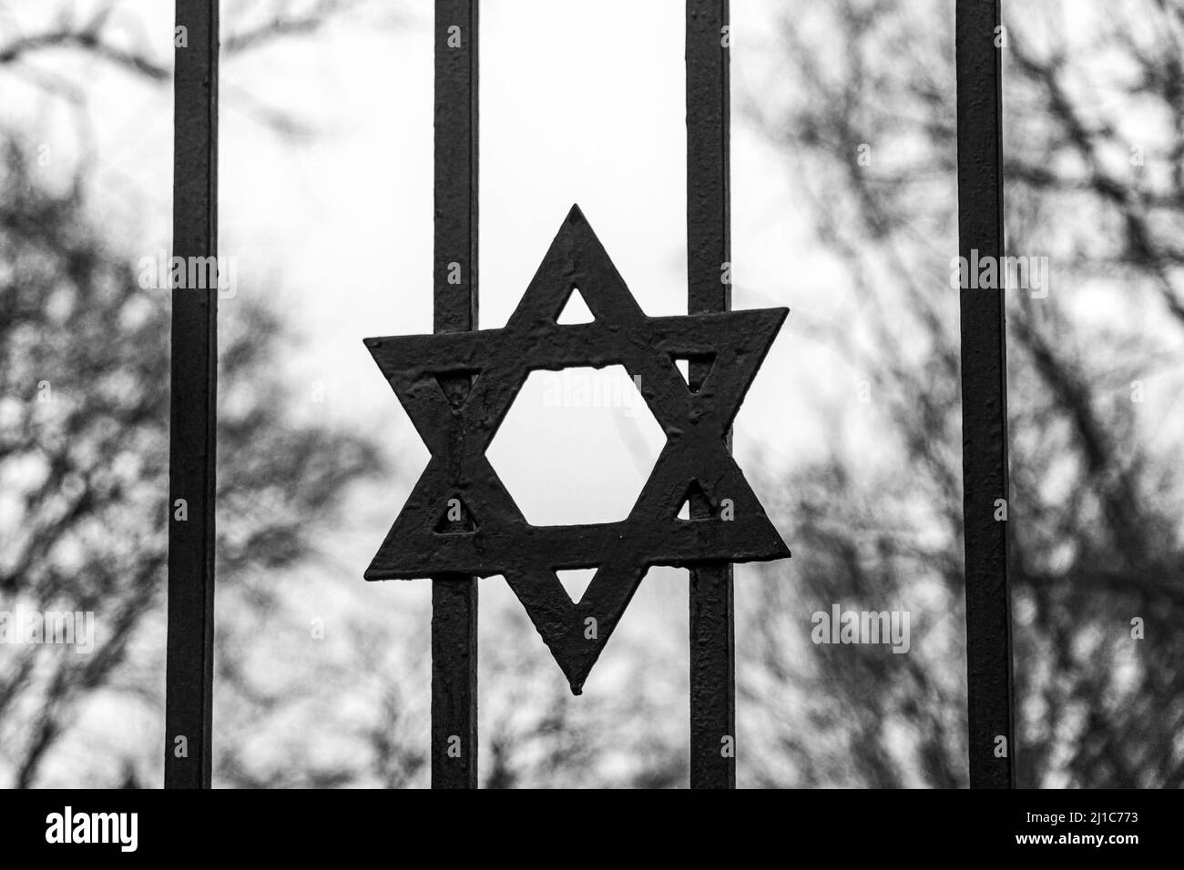 A close-up shot of the Jewish sign on the entrance gate to the Jewish ...