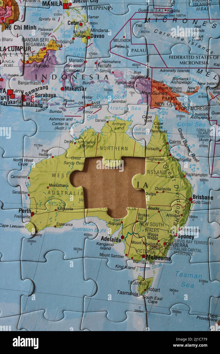 A vertical close-up shot of the Australian part of a map missing one ...