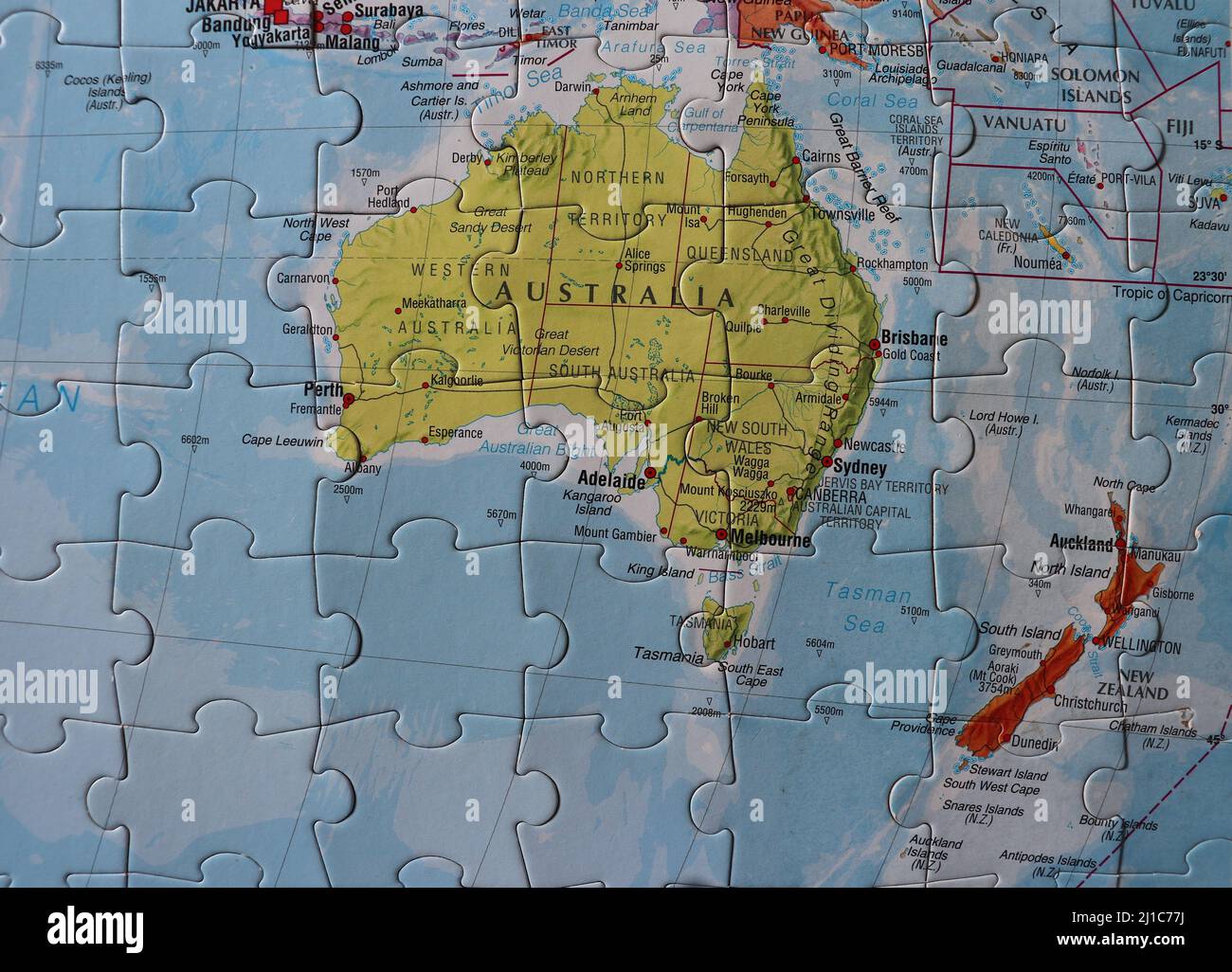 A close-up shot of the Australian part on a finished map puzzle Stock ...