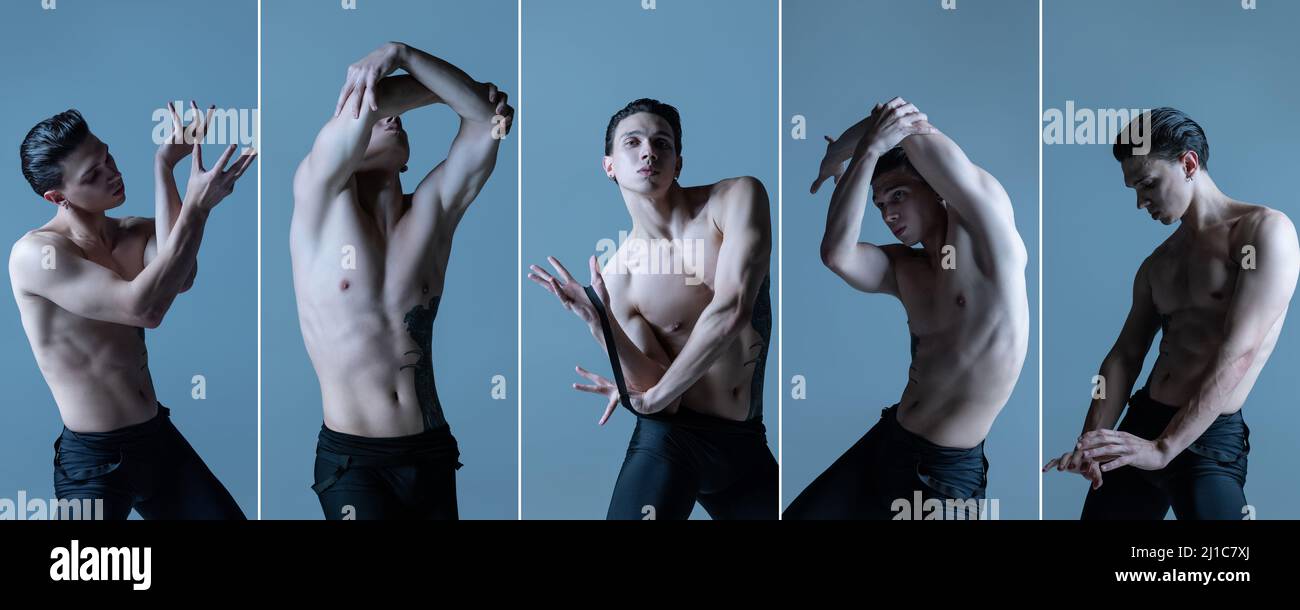 Collage. Portrait of sportive flexible man, ballet dancer performing ...