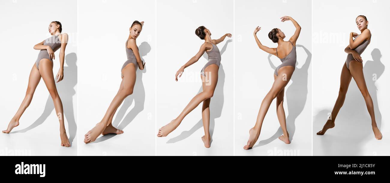 Collage. Portraits of young tender woman, ballerina in gray bodysuit ...