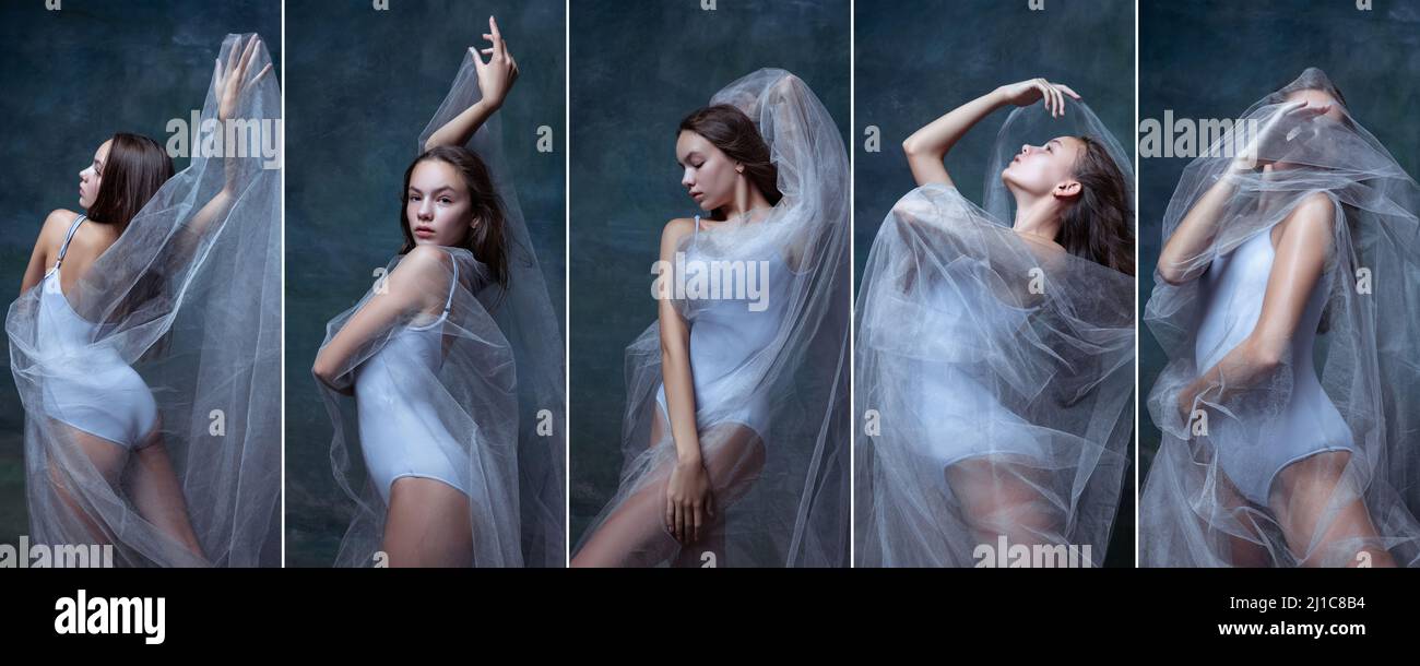 Collage. Young beautiful girl, ballerina in transparent veil posing ...