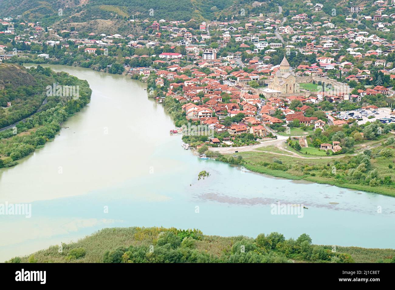 Aerial View of River Mtkvari meets River Aragvi with Svetitskhoveli ...